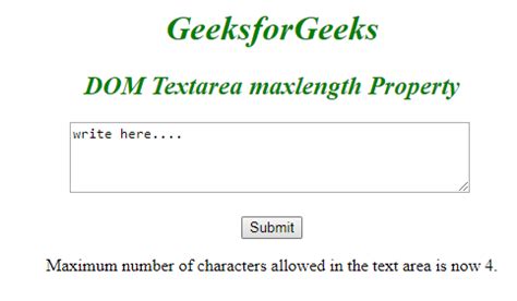 HTML DOM Textarea Maxlength Property GeeksforGeeks