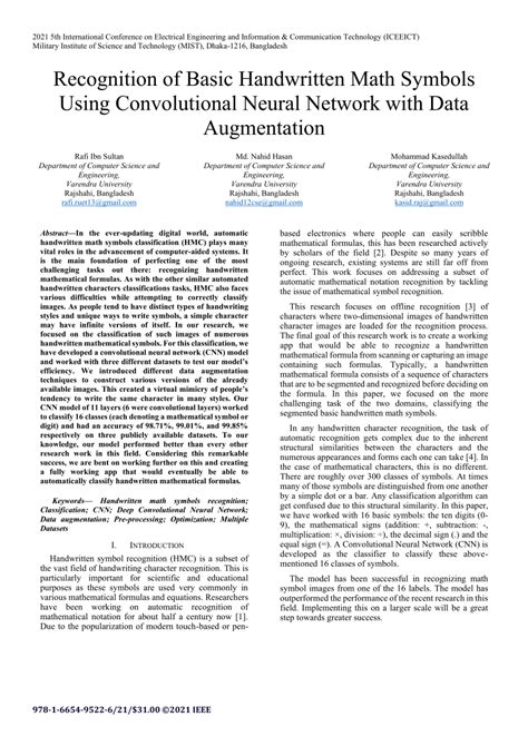 PDF Recognition Of Basic Handwritten Math Symbols Using Convolutional Neural Network With Data
