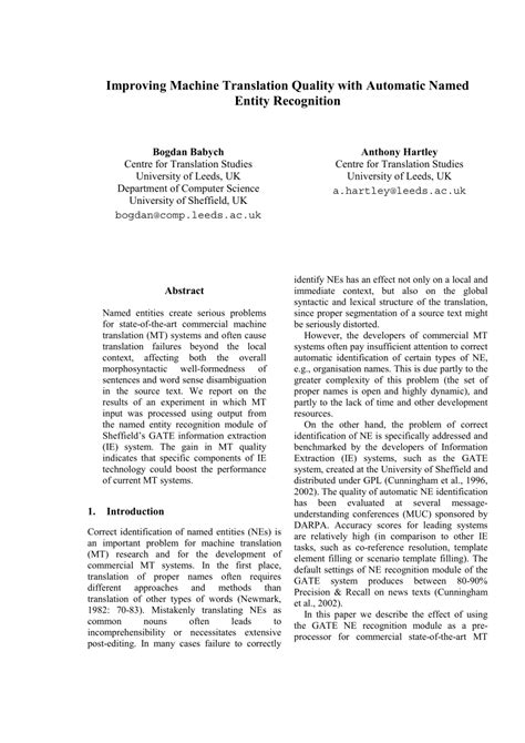 Pdf Improving Machine Translation Quality With Automatic Named Entity
