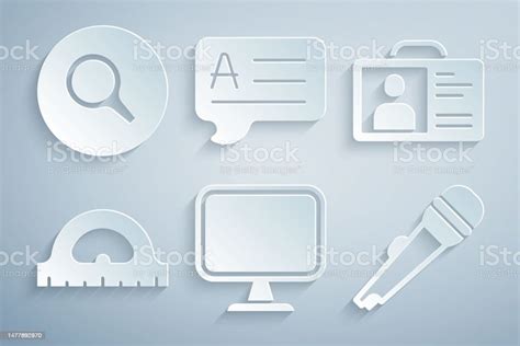 컴퓨터 모니터 식별 배지 각도기 그리드 마이크 답변이있는 말풍선 및 돋보기 아이콘을 설정합니다 벡터 3차원 형태에 대한 스톡 벡터 아트 및 기타 이미지 Istock