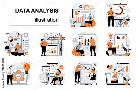 Data Analysis Concept With People Scenes Set In Flat Design Women And Men Working With Charts