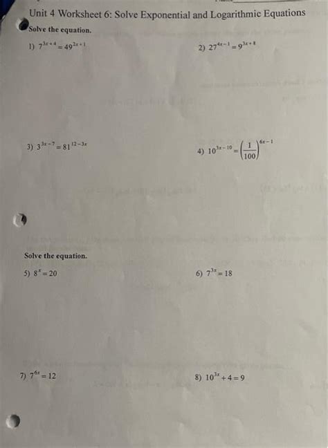Solved Unit 4 Worksheet 6 Solve Exponential And Logarithmic