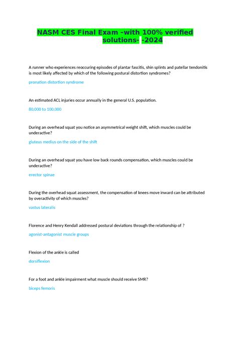 Nasm Ces Final Exam With 100 Verified Solutions 2024 Exams Nursing Docsity