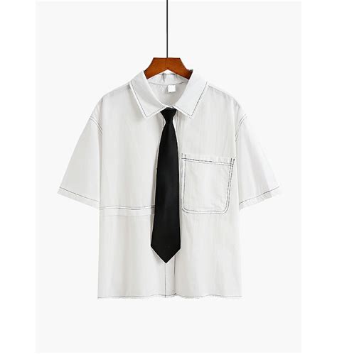 여름셔츠 하라쥬크 무드 와이드 루즈핏 작은 키 있다 넥타이 스티치 카고 드렌드 반팔 와이셔츠 여성 티몬