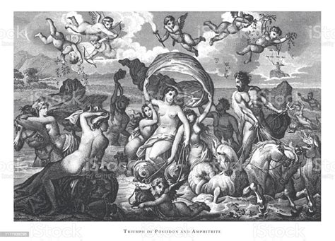 포세이돈과 암피테리트의 승리 신과 신화 문자 조각 골동품 일러스트 출판 1851 판화 제작물에 대한 스톡 벡터 아트 및 기타 이미지 판화 제작물 아프로디테 그리스 여신