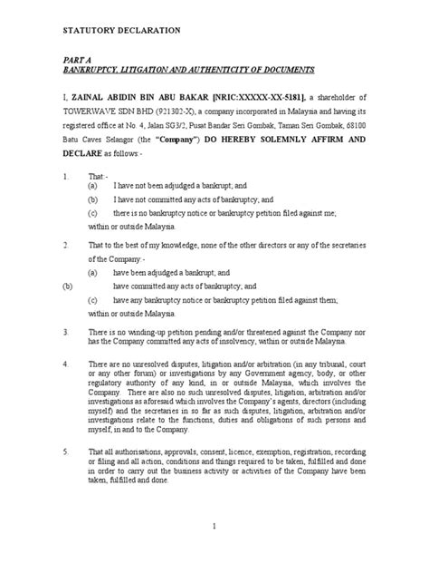 Statutory Declaration Part A Bankruptcy Litigation And Authenticity