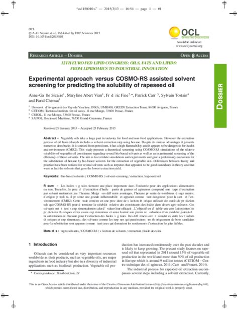 Pdf Experimental Approach Versus Cosmo Rs Assisted Solvent Screening