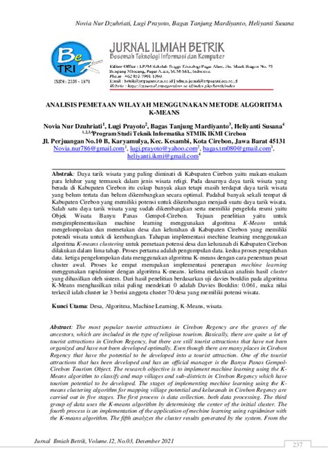 Pdf Analisis Pemetaan Wilayah Menggunakan Metode Algoritma K Means