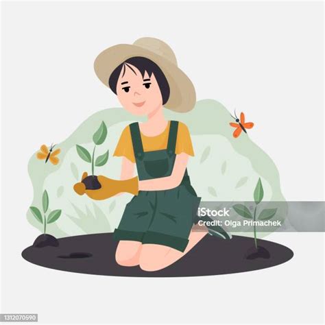 소녀는 식물을 심습니다 자원 봉사자정원이나 공원에서 일합니다 자연을 보호하기 위해 자녀를 양육하는 개념 개념에 대한 스톡 벡터