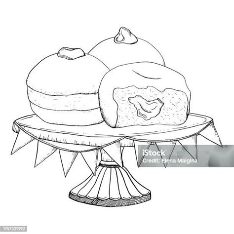 벡터 하누카 도넛 케이크 스탠드 축제 휴일 파티 플래그 흑인과 백인 일러스트 인사말 카드 유대인 전통 디저트 공휴일에 대한 스톡