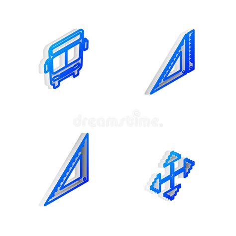 Set Isometric Line Triangular Ruler Bus And Pixel Arrows In Four Directions Icon Vector Stock