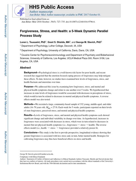 Forgiveness Stress And Health A 5 Week Dynamic Parallel Process