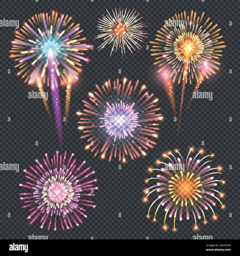Festive Firework Vector Set On Checkered Dark Background Firework Bright Set Illustration