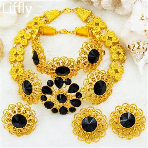 Liffly 신부 보석 세트 나이지리아 웨딩 두바이 골드 보석 세트 아프리카 큰 꽃 목걸이 귀걸이 보석bride Jewelry