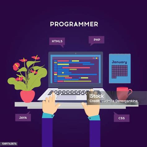 Tempat Kerja Programmer Atau Coder Ilustrasi Vektor Pengkodean