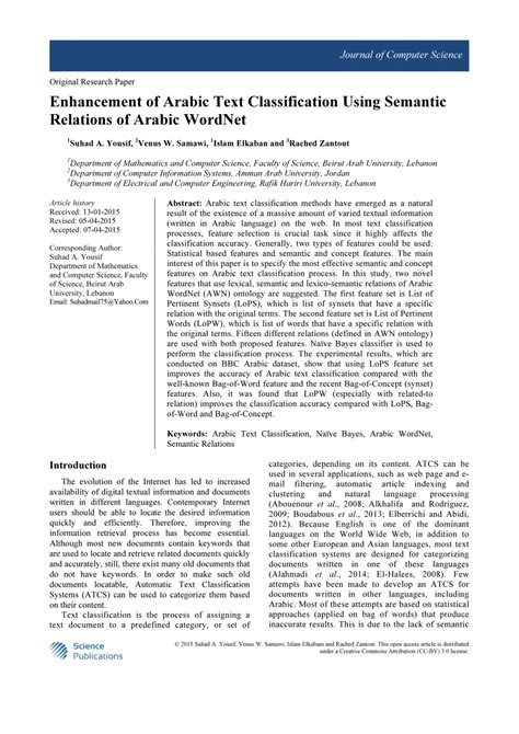 Pdf Enhancement Of Arabic Text Classification Using Semantic