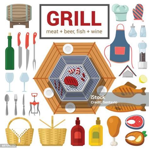 평면 스타일 그릴 고기 생선 바베 큐 바베 큐 스테이크 개체의 높은 세부 품질 아이콘 세트 와인 칼 유리 소금 후추 케첩 겨자 닭 다리 코르크 식품 음료 요리 야외 컬렉션