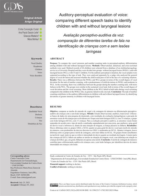 Pdf Auditory Perceptual Evaluation Of Voice Comparing Different Speech Tasks To Identify