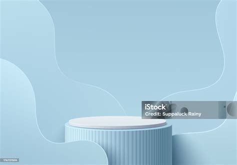 파란색 흰색 실린더 스탠드 연단과 겹치는 곡선 웨이브 모양 종이 컷 장면이 있는 3d 배경 플랫폼 모형 제품 디스플레이