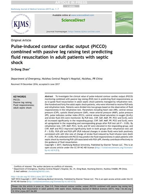 Pdf Pulse Induced Contour Cardiac Output Picco Combined With Passive Leg Raising Test