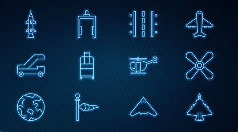 세트 라인 제트 전투기 비행기 프로펠러 공항 활주로 여행 가방 비행기 탑승을위한 승객 사다리 로켓 헬리콥터 및 금속 탐지기 공항