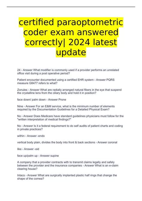 Certified Paraoptometric Coder Exam Answered Correctly 2024 Latest Update Certified