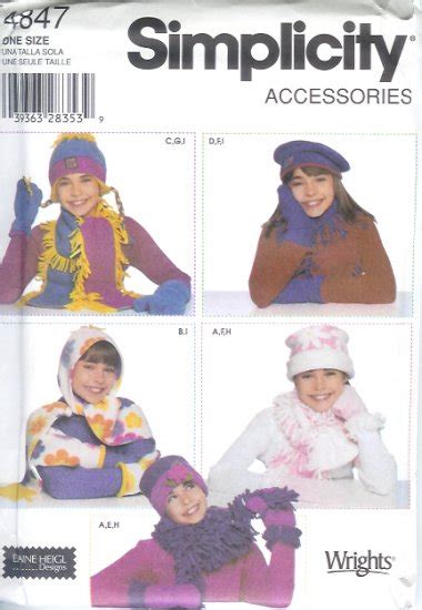 S4847 Simplicity Pattern Accessories Fleece Hats Scarves Mittens Girls One Size
