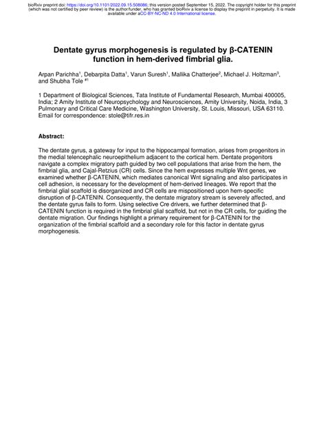 Pdf Dentate Gyrus Morphogenesis Is Regulated By β Catenin Function In Hem Derived Fimbrial Glia