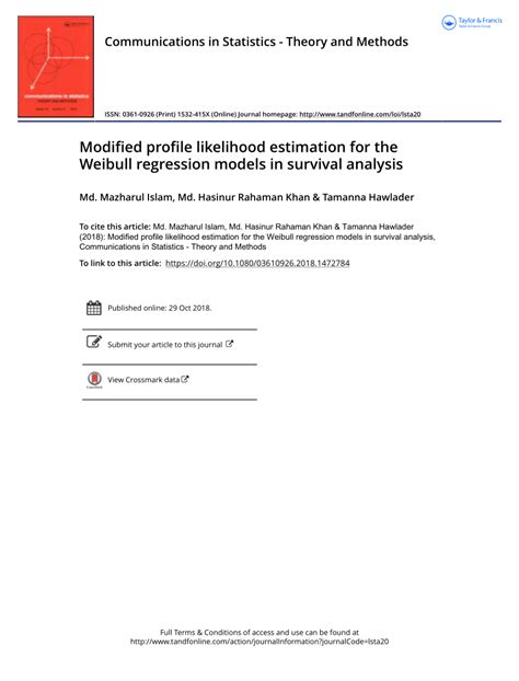 Pdf Modified Profile Likelihood Estimation For The Weibull Regression