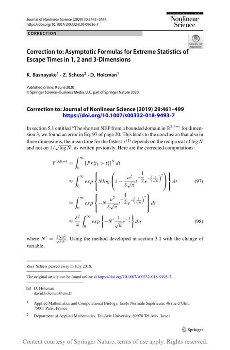 Correction To Asymptotic Formulas For Extreme Statistics Of Escape Times In 1 2 And 3