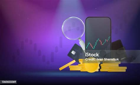 금융 거래 배너 주식 시장 시세 금화 은행 카드 동전 및 돋보기를 표시하는 전화 주식 시장 투자 거래 개념 벡터 그림입니다 개념에 대한 스톡 벡터 아트 및 기타 이미지