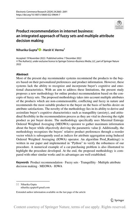 Product Recommendation In Internet Business An Integrated Approach Of Fuzzy Sets And Multiple