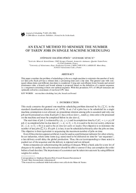 Pdf An Exact Method To Minimize The Number Of Tardy Jobs In Single Machine Scheduling