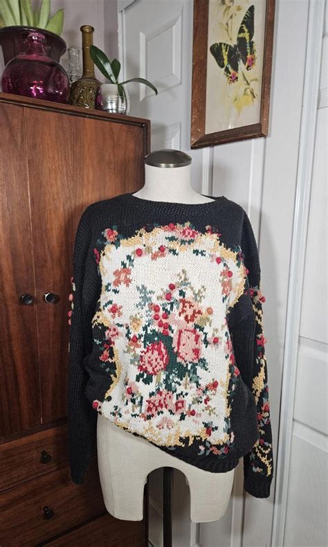 Slouch Hand Knitted Jennifer Reed Floral Black Ramie Cotton Blend Vtg