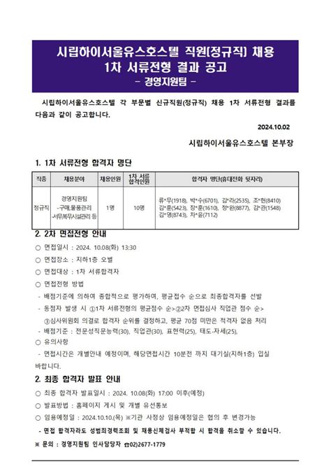 시립하이서울유스호스텔 직원정규직채용 1차 서류전형 합격자 공고 공지사항 하이서울유스호스텔