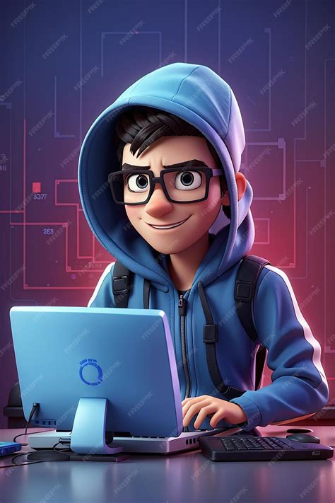 Computer Hacker Cartoon Character Sneaky 3d Animation Style Premium Ai Generated Image