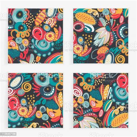 사각형 카드의 벡터 집합입니다 손으로 그린 추상적인 모양 낙서 나선 페인트 얼룩 낙서 디자인 0명에 대한 스톡 벡터 아트 및