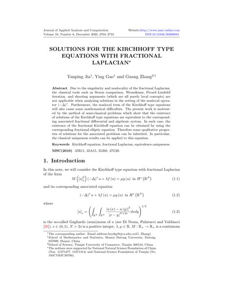 Pdf Solutions For The Kirchhoff Type Equations With Fractional Laplacian