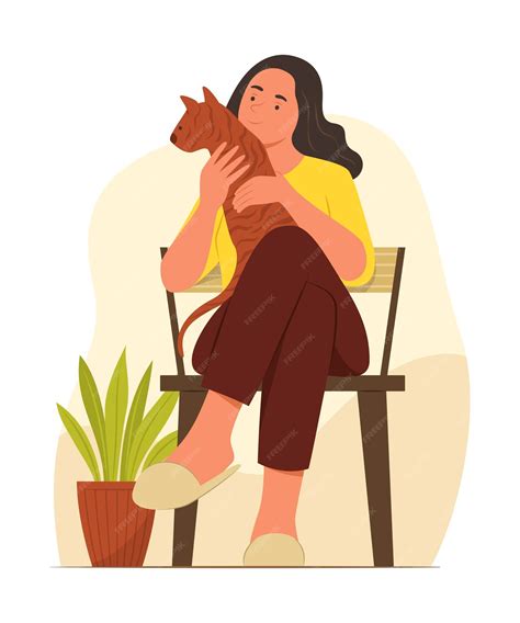Premium Vector Young Woman Hugging Cat And Sitting On Chair For Relaxing