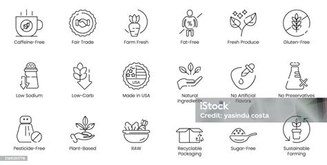 일러스트 아이콘 카페인 프리 사전 작동 농장 신선 무지방 신선한 농산물 글루텐 프리 저나트륨 저탄수화물 미국산 천연 성분 인공 향료 없음 벡터 아이콘 0명에 대한 스톡 벡터