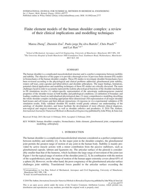 Pdf Finite Element Models Of The Human Shoulder Complex A Review Of Their Clinical