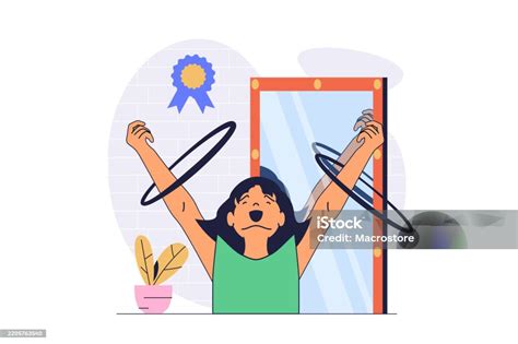 웹을 위한 평면 디자인에 만화 사람들과 함께하는 취미 활동 개념 여자는 거울 옆에서 훌라후프를 빙글빙글 돌리며 신체 훈련을