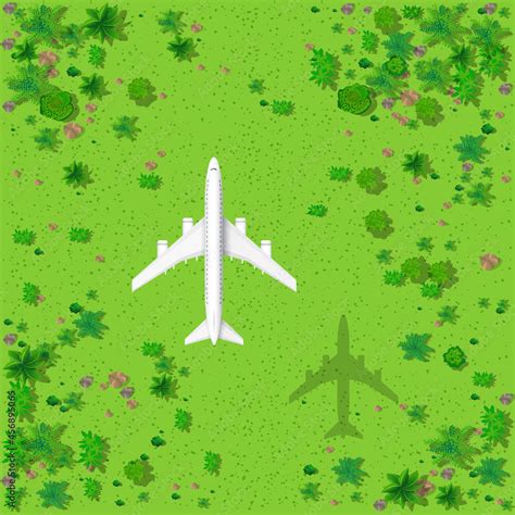 Top View Of A Flying Plane And A Green Forest With Trees Stock Vector Adobe Stock