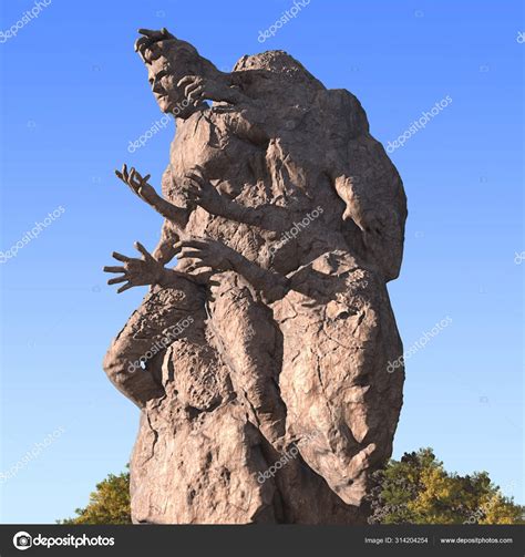 stone sculpture of a man stuck in a stone with six arms 3d rendering