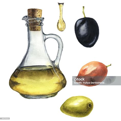 수채화 물감 올리브 세트 올리브 오일 올리브와 올리브 오일 흰색 배경에 고립의 드롭 디자인 배경 또는 직물에 대 한 음식 그림 개체 그룹에 대한 스톡 벡터 아트 및 기타