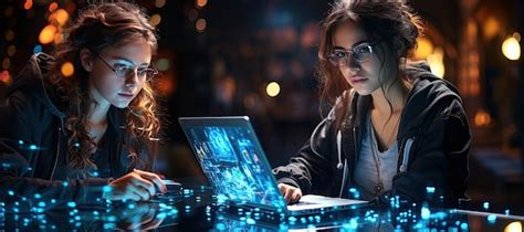 Premium Photo Laptop Code Hologram And Woman Thinking Of Data Analytics Information