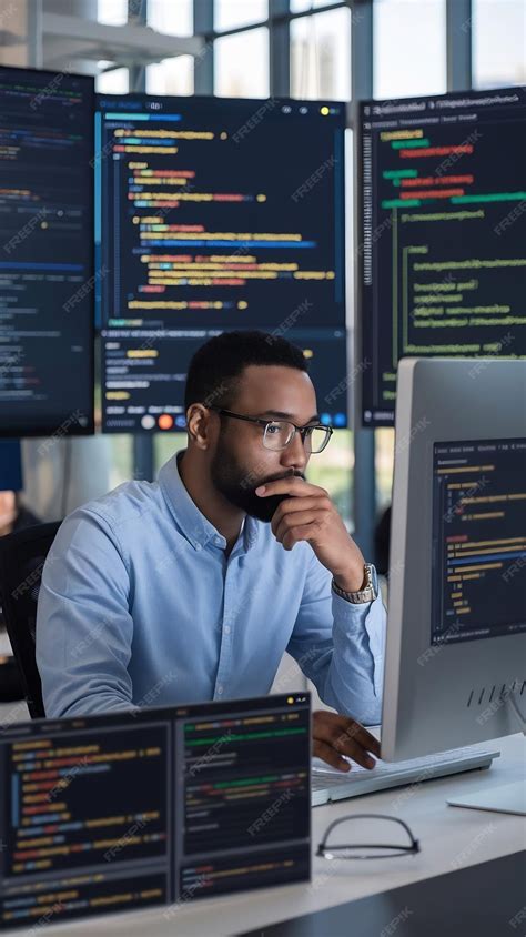 Black Male Developer Thinking and Typing on Computer Surrounded by Big ...
