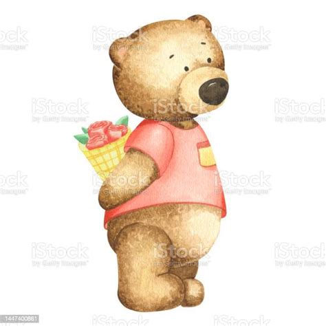 붉은 꽃다발을 가진 귀여운 작은 곰 소년 흰색 배경에 격리된 수채화 그림 어린이 포스터 카드 또는 베이비 샤워에 사용할 수