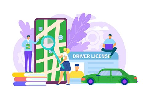 플랫 라이센스 벡터 일러스트레이션에 대한 드라이버 교육 남자 여성 캐릭터는 자동차 수송 스마트 폰 교육 응용 프로그램을 운전하는 교육을 얻을 운전 배우기에 대한 스톡 벡터