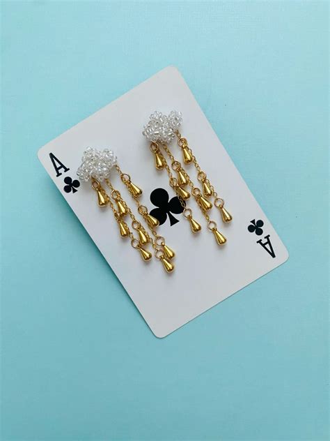 Seed Bead Cloud Earrings With Drop Gold Rain Drops Cloud Beads For